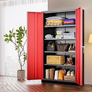INTERGREAT Metal Storage Cabinet, 72" Tall Locking Storage Cabinet with 2 Doors and 4 Adjustable Shelves, Steel Tool Locking Cabinet for Home Office, Warehouse, School (Black Red)
