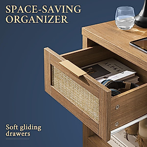 OAKHAM HOME Nightstand Set of 2, Rattan Night Stand with Type-C Charging Station, Bedside Table with Drawer, Boho Bed Side Table End Table Accent Table for Bedroom Living Room (Weathered Oak)