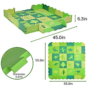 Dino Baby Foam Play Mat, 36 PCS Soft Thick Non-Toxic EVA Interlocking Foam Floor Tiles with Fence, Cute Dinosaur Crawling Puzzle Mat for Toddlers Activity Room Décor