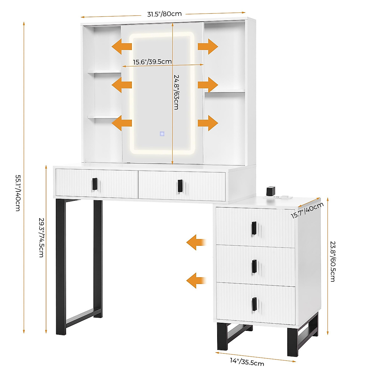 ANWBROAD Makeup Vanity Desk with Mirror and Lights White Vanity with Power Outlet Modern Dressing Table with 3 Lighting Modes Brightness Adjustable Sliding Mirror 5 Drawers Shelves Bedroom UBDT62W