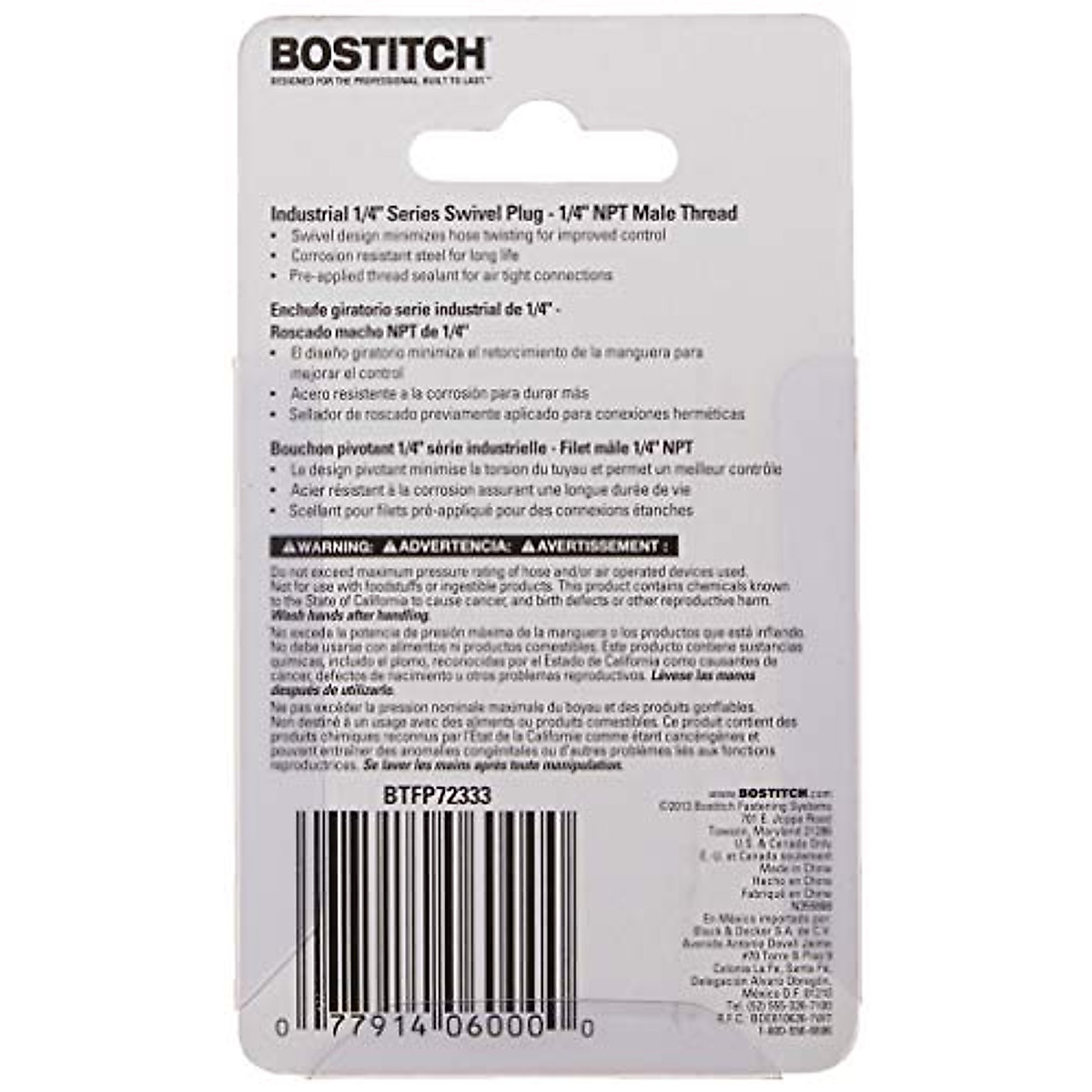 Bostitch BTFP72333 Industrial 1/4-Inch Series Swivel Plug - 1/4-Inch NPT Male Thread