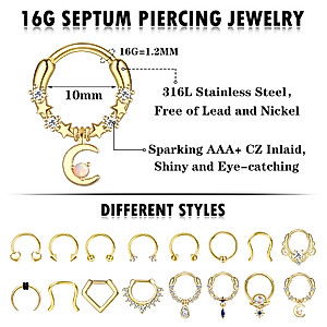 Besteel 16Pcs 16G Septum Rings, 316L Stainless Steel Nose Rings Hoop, Hinged Seamless Horseshoe Clicker Rings, Stainless Steel, cubic zirconia
