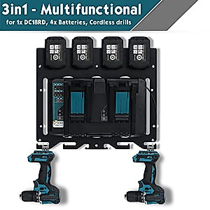 DITKOK 3 in 1 Wall Mount Shelf for Makita Battery, Holder for Makita DC18RC DC18RD Charger, Hanger for Cordless Drill Driver, Cordless Drill Charging Station