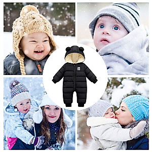 Happy Cherry Toddler Baby Warm Romper One-Piece Winter Coat Zipper Long Sleeve Cute Snowsuit Hoodie Jumpsuit Puffer Jacket for Girls Boys 6-12 Months Black