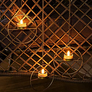 Solar Hanging Candle Lanterns Lights, ALL FORTUNE Outdoor Round Golden Metal Candle Lantern Holder with Flameless Tea Lights, Perfect for Garden, Backyard Decor, Home, Tree, Yard-Set of 3