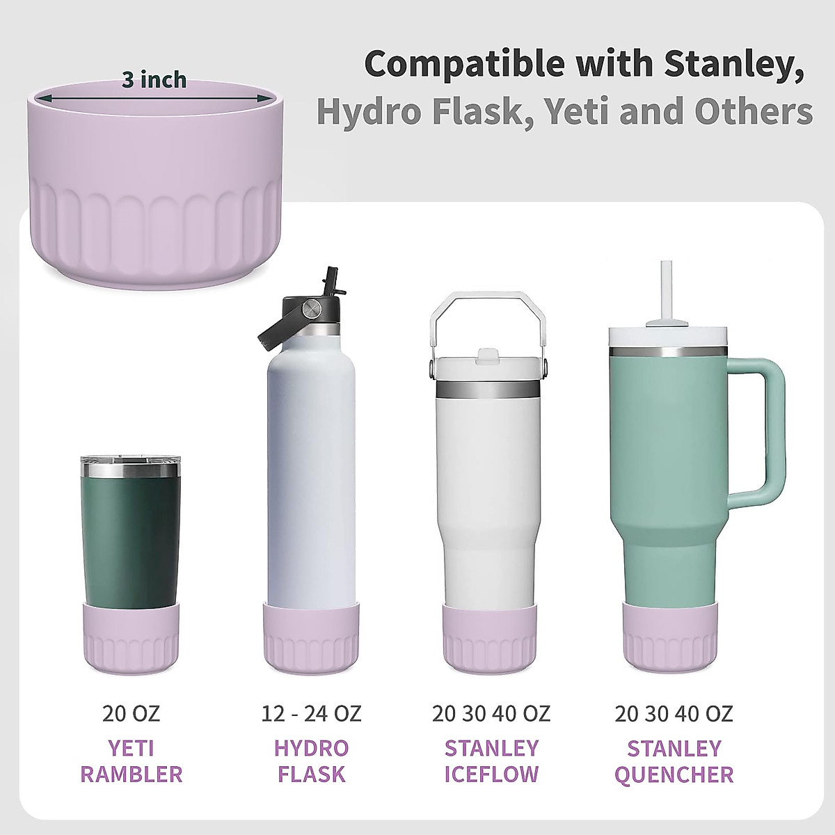 Silicone Bottle Boot Sleeve for Stanley Cup Accessories Tumbler Quencher & Ice Flow 40 30 20 oz, Hydroflask 12-24 oz, Owala and Simple Modern, Boot Cover Fit Water Bottle Bottom Width of 2.8"-3"