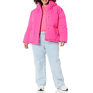 Amazon Essentials Women's Short Waisted Puffer Jacket (Available in Plus Size), Neon Pink, Large