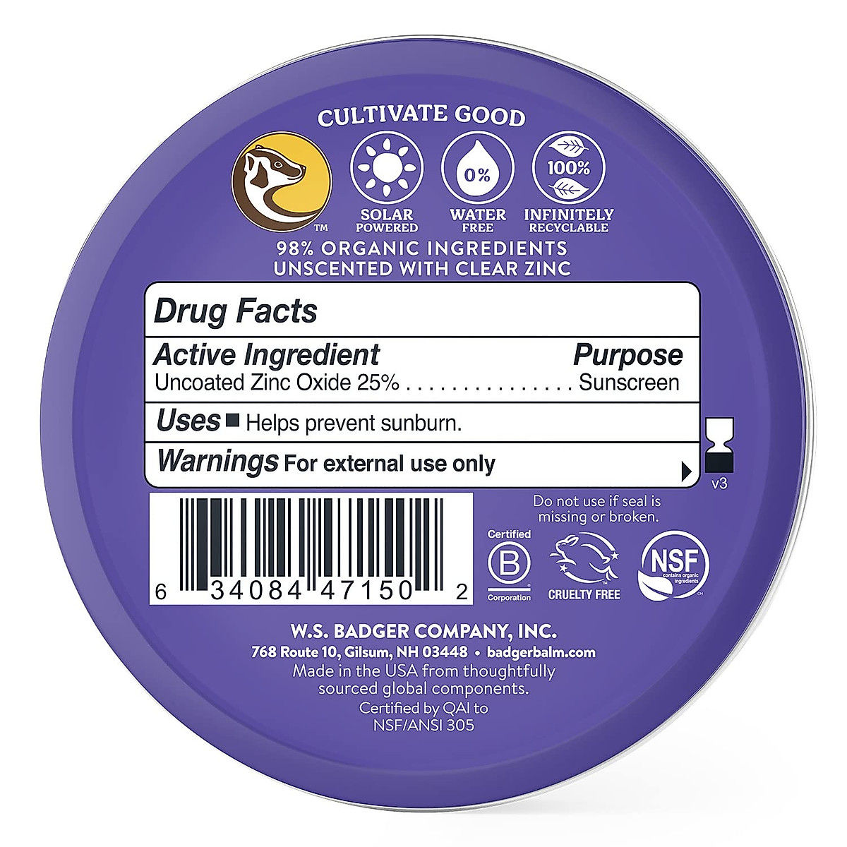 Badger Biodegradable Reef Safe Sunscreen, SPF 50 Mineral Sunscreen, 98% Organic Sunscreen Ingredients, Unscented, Water Resistant Adventure Sport Sun Cream, Travel Size Sunscreen 2.4 oz Tin