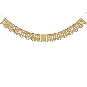 Jute Burlap Ramadan Mubarak Banner with Moon and Star Mantel Fireplace Decoration