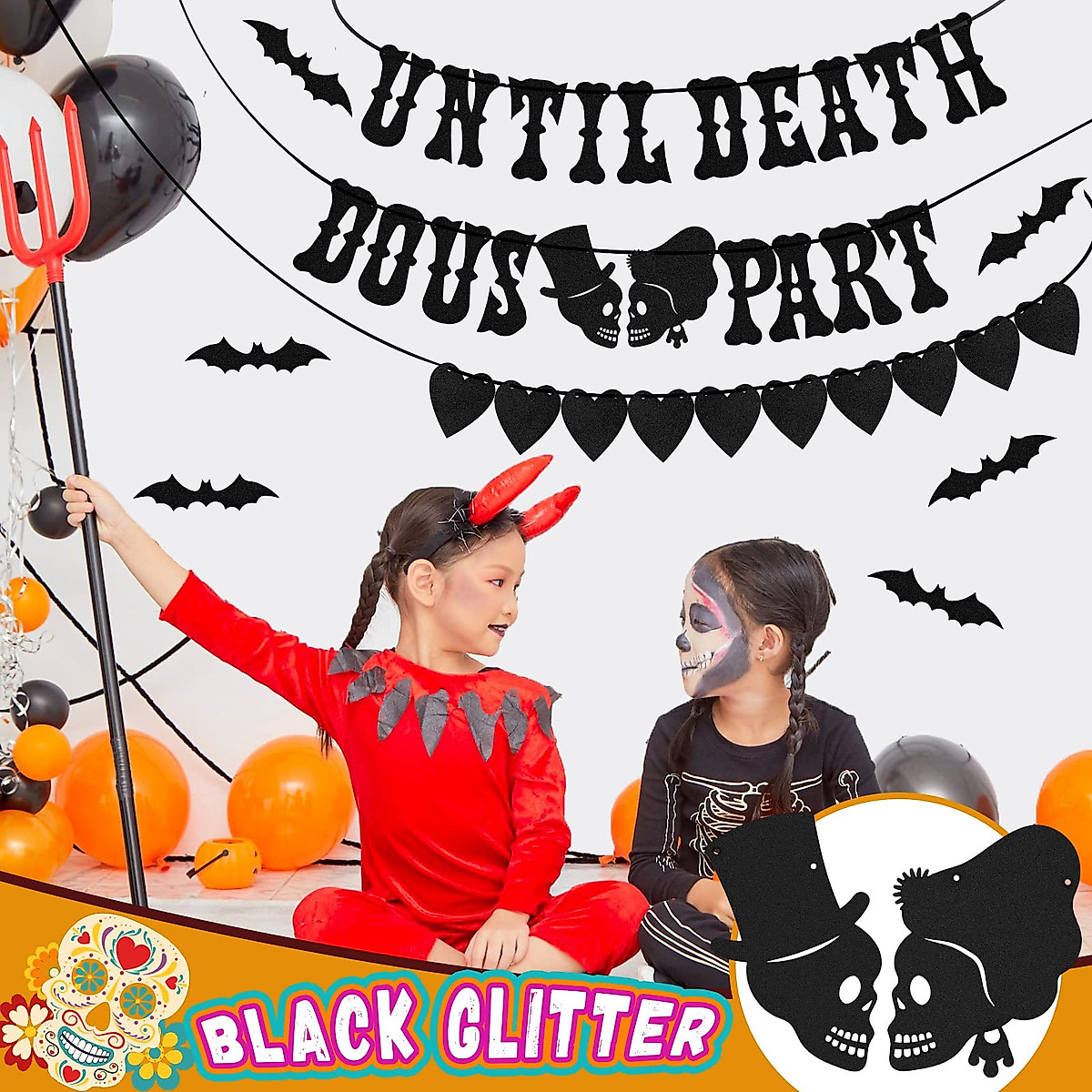 Gueevin 3 Pcs Til Death Do Us Part Banner Bride or Die Banner for Halloween Bachelorette Decoration Gothic Black Heart Bridal Shower Banner Day of The Dead Letter Including 36 Paper Cutouts