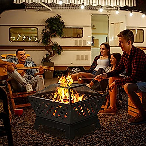 SINGLYFIRE 26 Inch Fire Pits for Outside Square Firepit Outdoor Wood Burning Extra Large Steel Firepit Rectangular Deep Bowl for Patio Backyard Garden with Ash Plate,Spark Screen,Log Grate,Poker