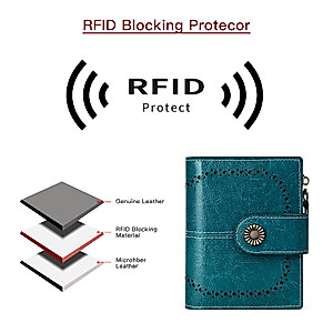 Seammer Small Leather Wallet for Women RFID Blocking Bifold Zipper Pocket Card Case Purse with 2 ID Windows (Blue)