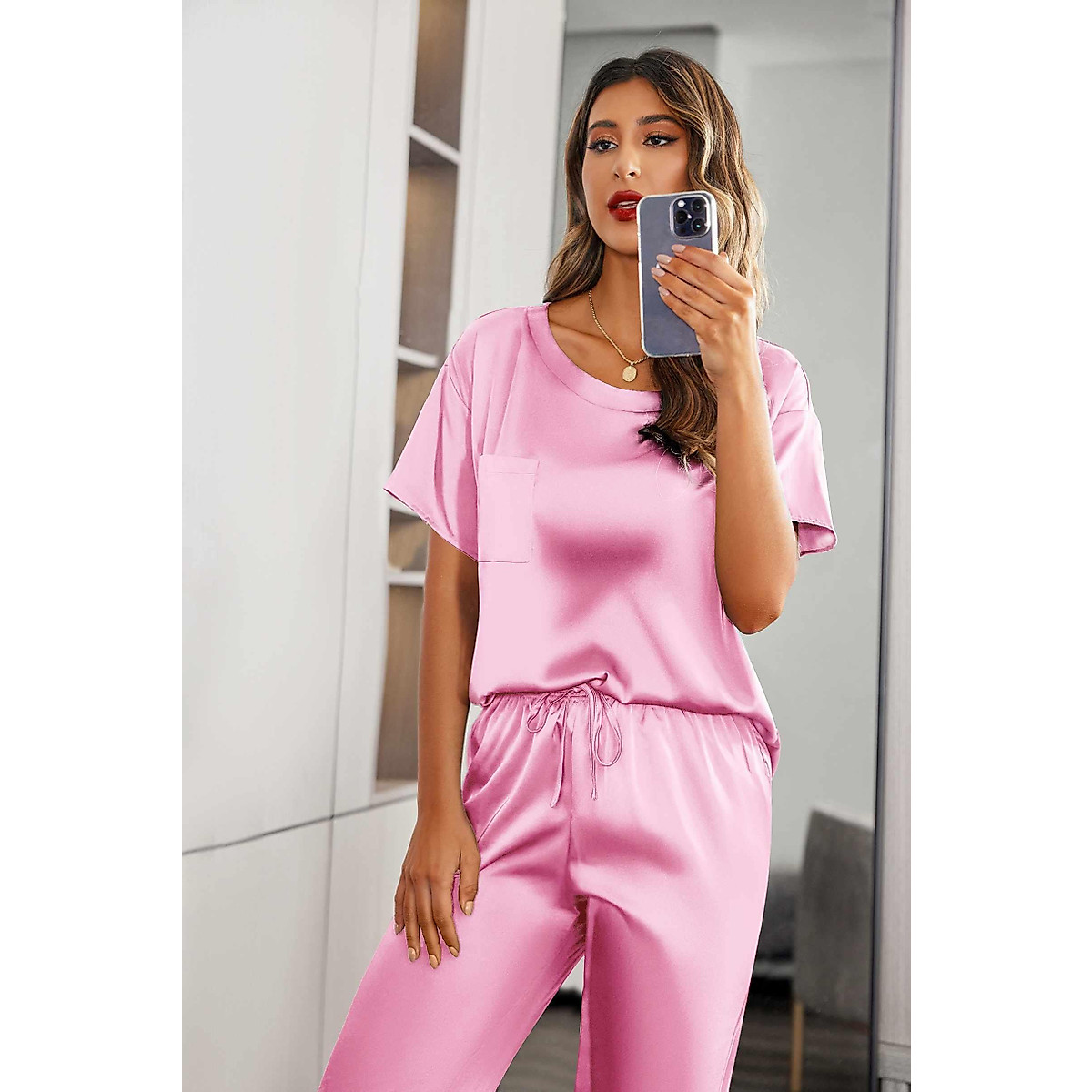 Ekouaer Womens Silk Satin Pajamas Set Two Piece Pj Sets Sleepwear Loungewear Short Sleeve Pj Sets Hot Pink