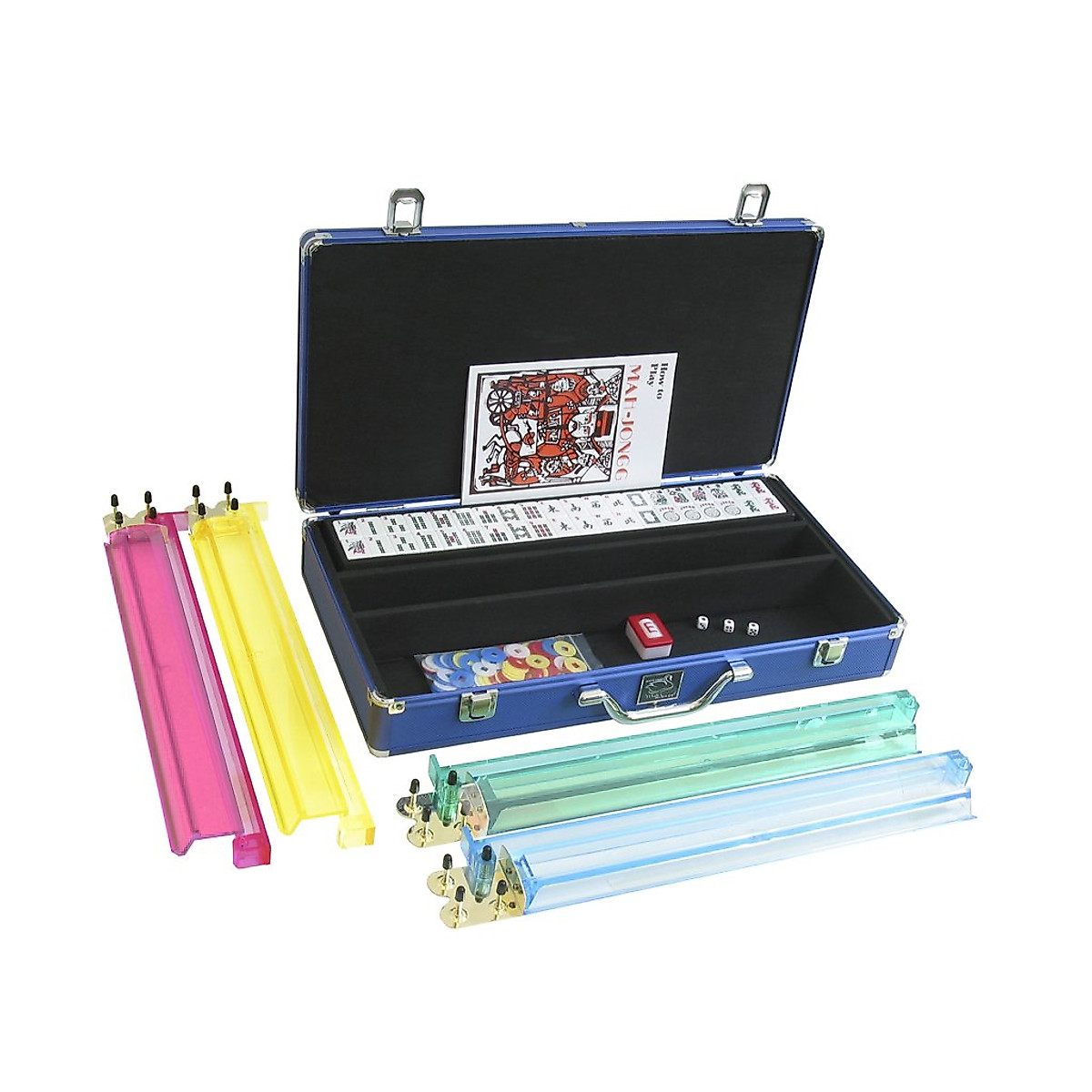 White Swan Mah Jongg - American Mahjong Game Set (166 Premium White Tiles, Pusher Arms, Aluminum Case, Blue)