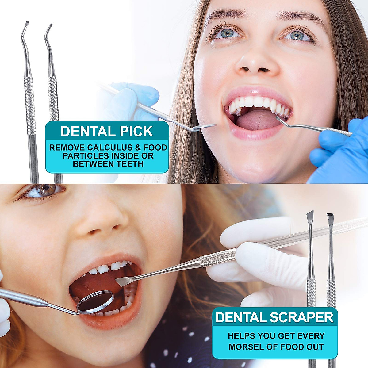 Dental Tools, 6 Pack Teeth Cleaning Tools Stainless Steel Dental Scraper, Pick Hygiene Set with Mouth Mirror, Tweezer for Dentist, Personal Using, Pets - Teeth Cleaning Kit - Dental Cleaning Kit