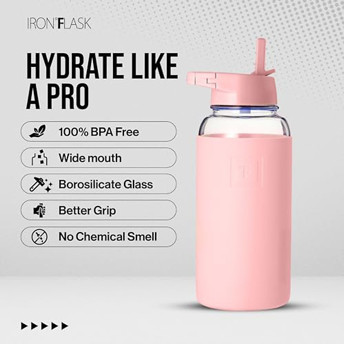 IRON °FLASK Glass Sports Water Bottle - Straw Lid, Airtight Leak Proof, Vacuum Insulated, Bosilicate Glass, Silicone Sleeve, Retains Temperature - Rose, 32 Oz