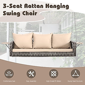 TOBYUL 3-Seats Outdoor Wicker Hanging Porch Swing Chair, Patio Swing Lounge with 2 Cup Holders,3 Back Cushions,1 Seat Cushion for Backyard Garden Park Deck