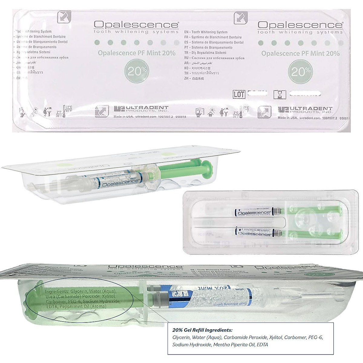 Opalescence 20% Teeth Whitening Refill Kit (2 Packs / 4 Syringes) Carbamide Peroxide. Made by Ultradent, in Mint Flavor. Tooth Whitening Refill Syringes - B-5196-4