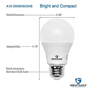 Great Eagle A19 LED Light Bulb, 9W (60W Equivalent), UL Listed, 3000K Soft White, 750 Lumens, dimmable, Standard Replacement (4 Pack)