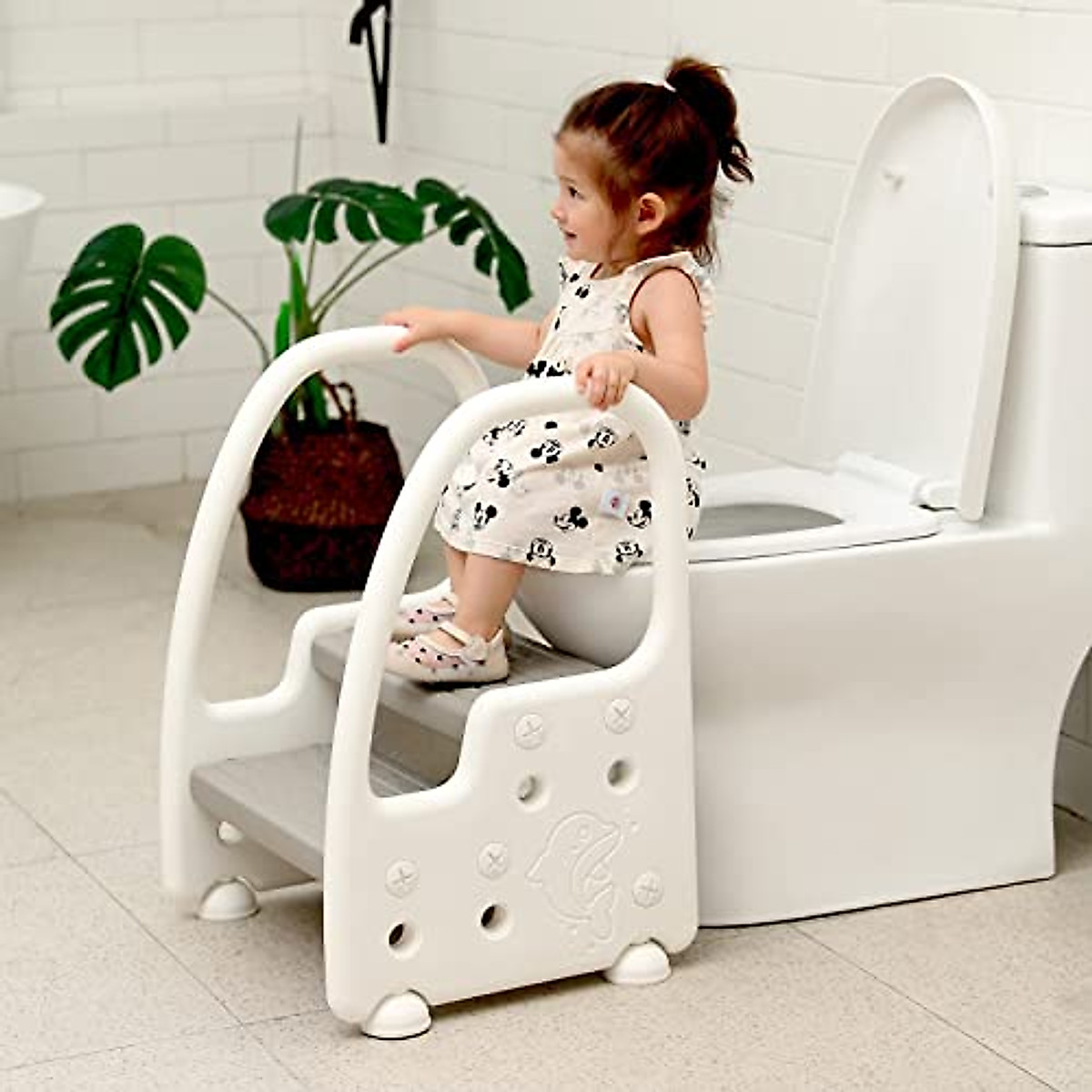 Two Step Stool with Handles Height Adjustable Footstool for Toddlers Children Kids,Step Stool for Kids,Toddler Step Stool with Handles and Non-Slip Steps,Gray