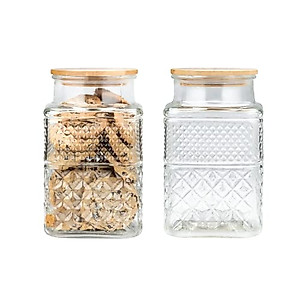 60 Ounce Square Large Glass Jar with Bamboo Lid - Large Kitchen Decorative Glass Jars with Vintage Diamond Pattern - Coffee Pasta Sugar Tea Snack Nuts Cookie Jar with Airtight Lids - Set of 2