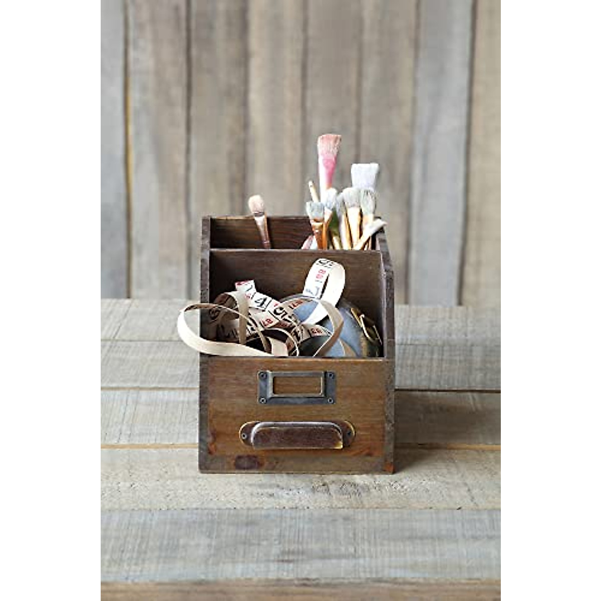 Creative Co-Op Vintage Wood Filing Box with 2 Compartments, Handle, and Label Holder, Brown
