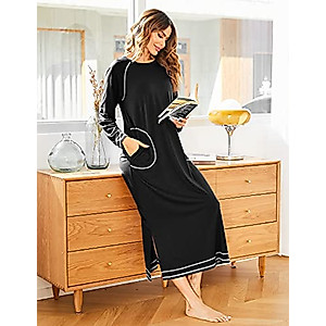 Ekouaer Nightgown Women's Long Sleeve Pajama Dress Round Neck Sleepwear Long Nightshirt A-black