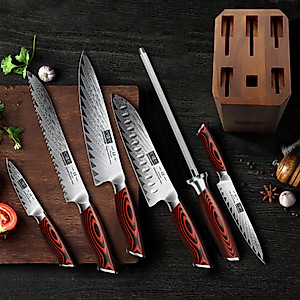 Kitchen Knife Set with Block, 7 Pieces Chef Knife Set 67 Layers Damascus Steel Professional Knife Set for Cooking, Ergonomic G10 Handles with Sharpener