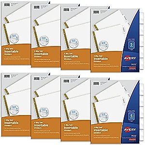 Avery 5 Tab Binder Dividers, White with Insertable Clear Big Tabs, 1 Set Pack, 8 Packs, 8 Sets Total (11122)