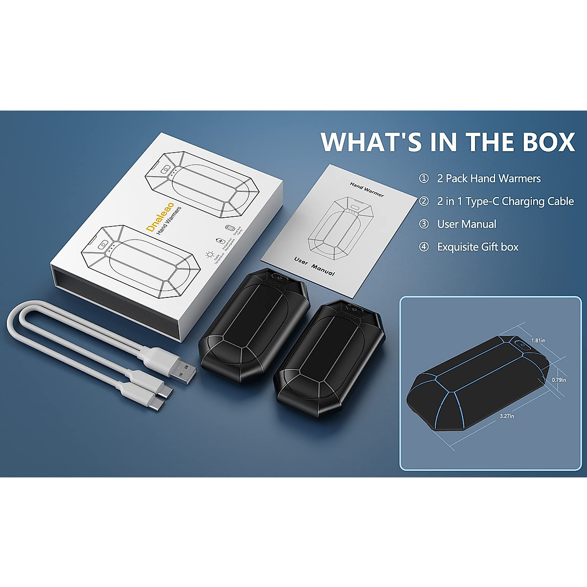 Hand Warmers Rechargeable, Dnaleao 2 Pack 4000mAh Electric Portable Pocket Heater, Heat Therapy Great for Outdoors, Hunting, Golf, Camping, Warm Gifts（Black）