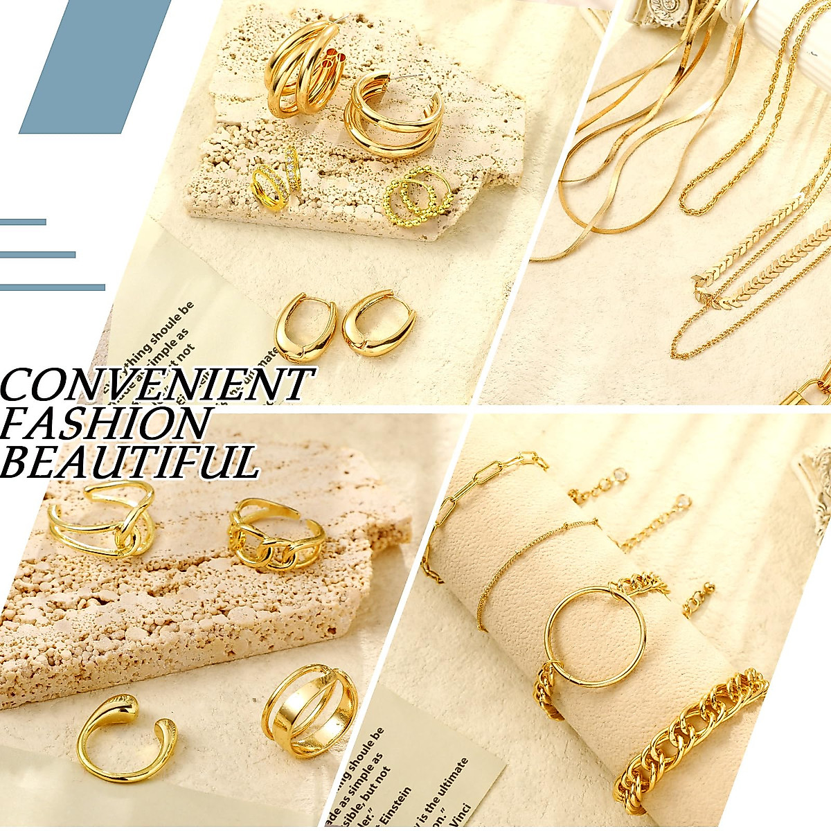 Henoyso 16 Pcs Gold Jewelry Set for Women Necklaces, Bracelets, Earrings, Knuckle Rings for Valentine's Birthday Wedding Parties Gifts(Stylish Style)