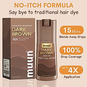 Muun Dark Brown Hair Dye Shampoo - 3-In-1 Ammonia Free Hair Color Shampoo for Gray Hair Coverage for Women and Men in minutes with Herbal Natural Ingredients 400ml (Pack 2)