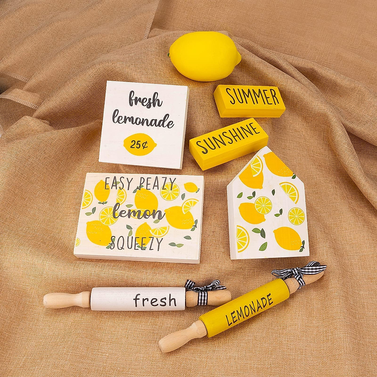 10 Piece Lemon Tiered Tray Decor, Fresh Lemonade Wooden Tier Decor, Rolling Pins,Faux Lemons,Yellow Wood Bead Garland,Lemon Summer Tray Decor,Farmhouse Signs Kitchen Decorations