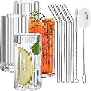ALINK Glass Cups with Straws, 12 OZ Ribbed Glassware Drinking Glasses Set of 4, Fluted Iced Coffee Cups, Origami Style Ridged Tumbler for Coocktail, Whiskey, Beer - 2 Brush