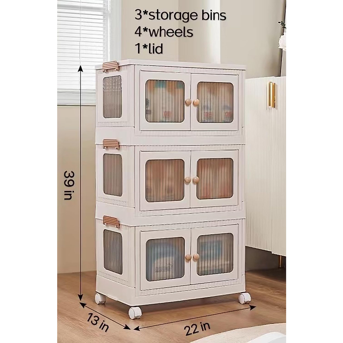Storage Bins,Plastic Storage Containers with Lids, 8.55Gal Foldable Storage Cabinet, 34QT Collapsible Storage Bins with Doors, Clear Storage Box for Toy, Stackable Storage Bin with Wheels(3 Pack)