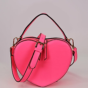 Trendeology Cute Heart Shape Girls Womens Vegan Leather Small Handle Satchel Crossbody Purse (Neon-Pink)