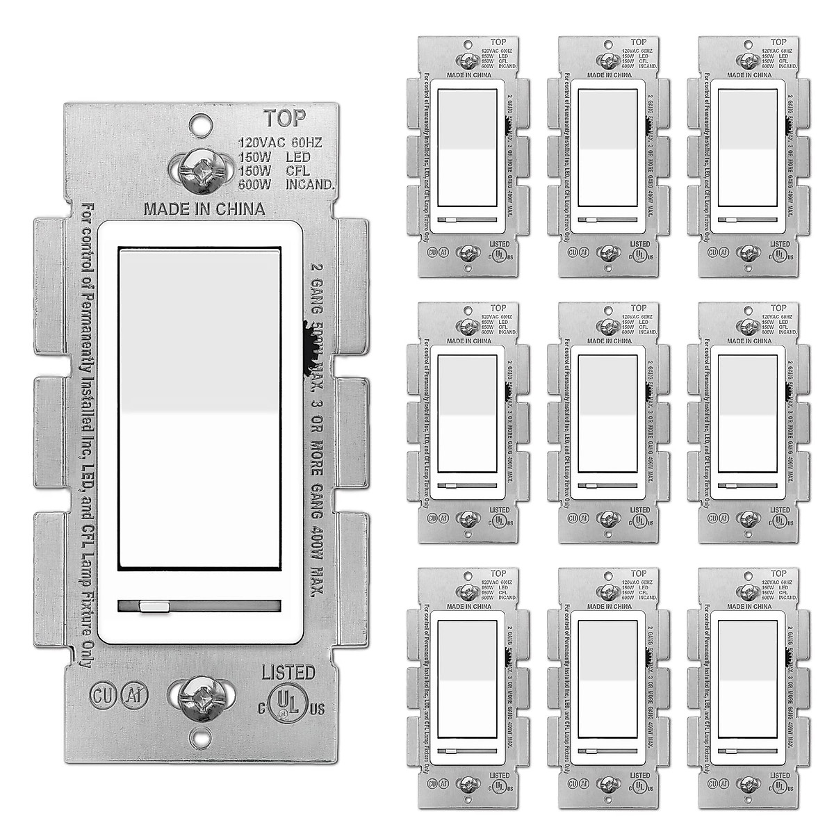 BESTTEN 10 Pack Dimmer Light Switch, Single Pole or 3-Way, LED Dimmer Switches, Compatible with Dimmable LED, CFL, Incandescent and Halogen Bulb, Neutral Wire Not Required, 120VAC