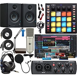 PreSonus AudioBox 96 Audio Interface Full Studio Bundle Includes Software Kit, ATOM MIDI Pad Controller, Eris 3.5 Pair Monitors, and Adjustable Suspension Boom Arm + HD7 Headphones