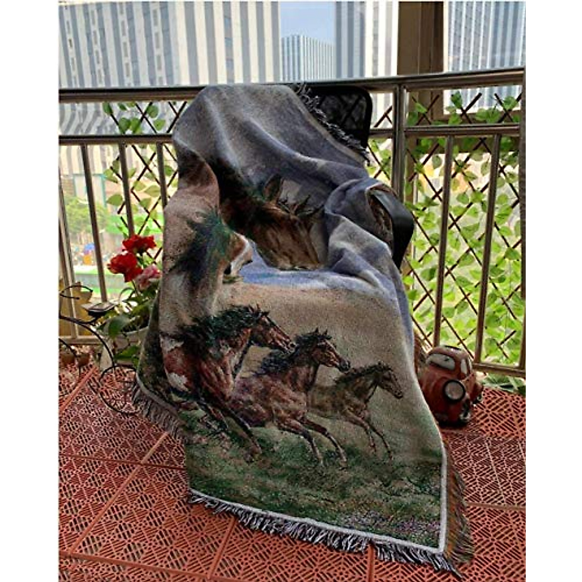 EZ.enjoy Western Galloping Horse Woven Tapestry Throw Blanket with Fringe 50X60 Inches