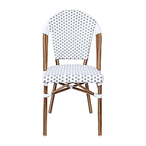 Flash Furniture Lourdes Set of 2 Indoor/Outdoor Commercial Bistro Stack Chairs - White/Gray PE Rattan Back and Seat - Natural Bamboo Print Aluminum Frame