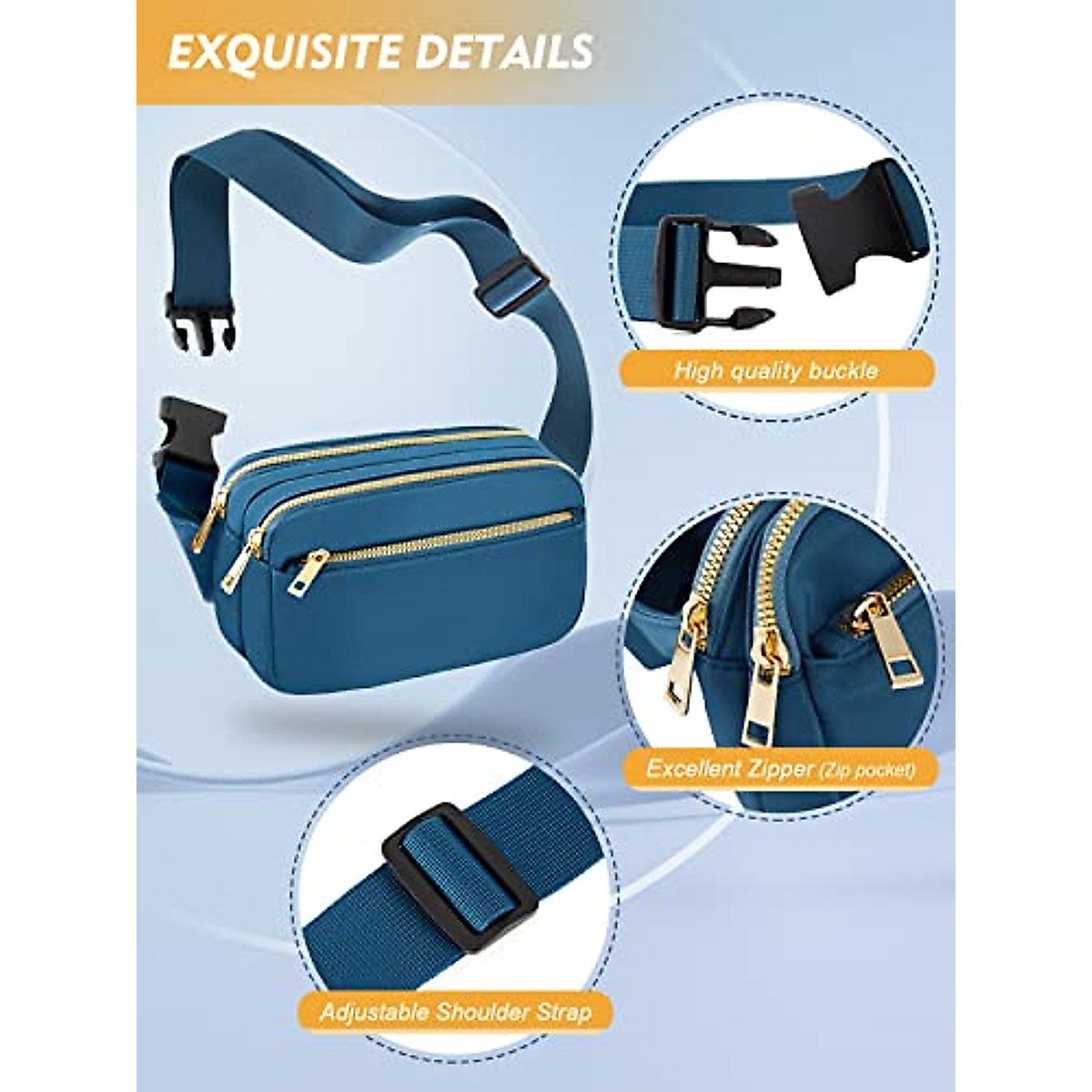 FIORETTO Fanny Packs for Women Men Fashion Crossbody Belt Bag with 3 Zipped Pocket Adjustable Small Waist Pouch Bum Bag for Dog Walking Running Hiking Travel Workout Peacock Blue