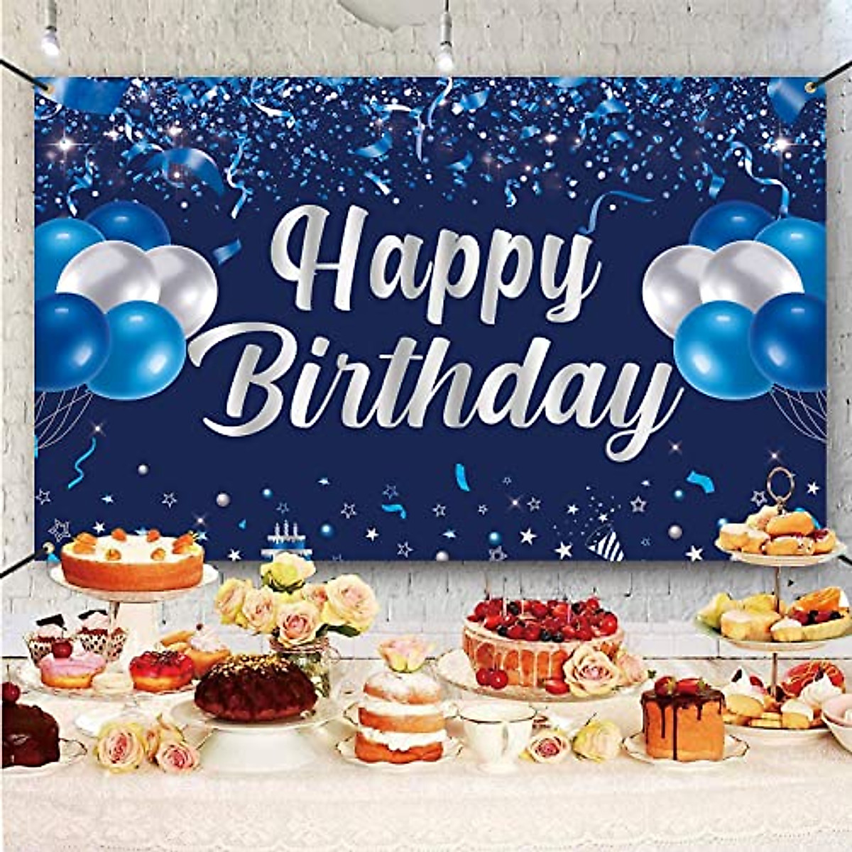 Trgowaul Happy Birthday Banner Backdrop, Blue and Silver Birthday Party Decorations, Birthday Party Supplies Men Women, Birthday Gifts Photo Background Banner Decor Girls Boys Kids Outdoor Indoor