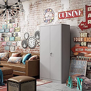 Aobabo 72" Tall 2 Door Locking Metal Storage Cabinet Organizer with 4 Adjustable Shelves and 2 Keys for Garages and Offices, Gray