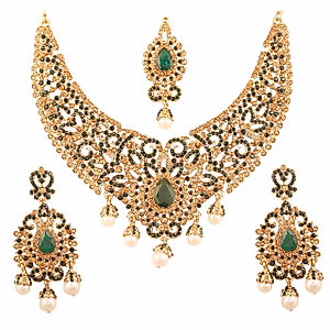 Touchstone New Indian Bollywood Desire Traditional Filigree Faux Green Emerald Color Exclusive Grand Bridal Jewelry Necklace Set in Antique Gold Tone for Women