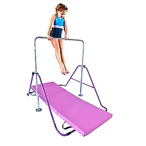 Athletic Bar Gymnastics Bar Horizontal Kip Bar + 2x6 Tri Fold Mat Junior Training Adjustable Expandable Height Jungle Gym Children Monkey Bars Climb Tower Playground Gymnasts + Stretch Band (Purple)