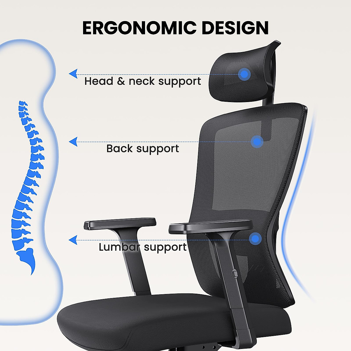NOBLEWELL Office Chair Ergonomic Office Chair with Large Seat, Lumbar Support Computer Chair, Desk Chair with Adjustable Headrest, Armrest