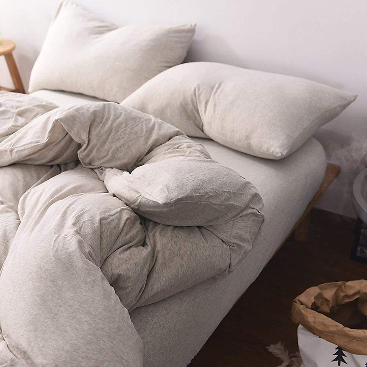 LIFETOWN 100% Jersey Knit Cotton Duvet Cover Set T-Shirt Feel Bedding Set Ultra Soft Wrinkle-Free (Oatmeal Beige, Queen)