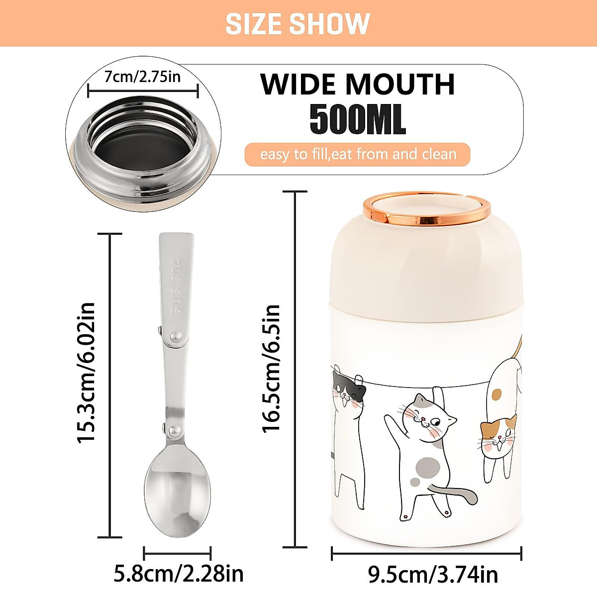 CUPADA Cute Cat Fish Food Jar, Funny Kittens Insulated Hot Food Jars Vacuum 17OZ with Folding Spoon for Work Trip Picnic Camping