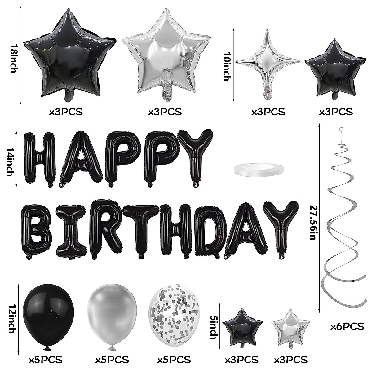 56 PCS Happy Birthday Balloons Happy Birthday Banner Silver and Black Balloons for Boys Men Girls Women 16th 18th 20th 21st 25th 30th 40th 50th 60th Birthday Party Decorations (Black)
