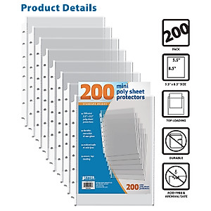 200 Count Mini Poly Sheet Protectors, Standard Weight, Diamond Clear, by Better Office Products, 5.5" x 8.5", 200 Pack